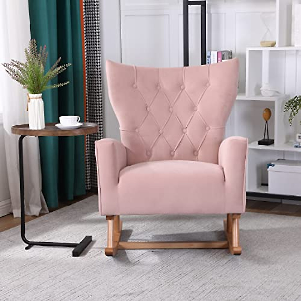 Rophefx Velvet Nursery Rocking Chairs, Glider Rocker for Baby Nursery with Solid Wood Base, Modern Accent Armchair with High Backrest, Pink