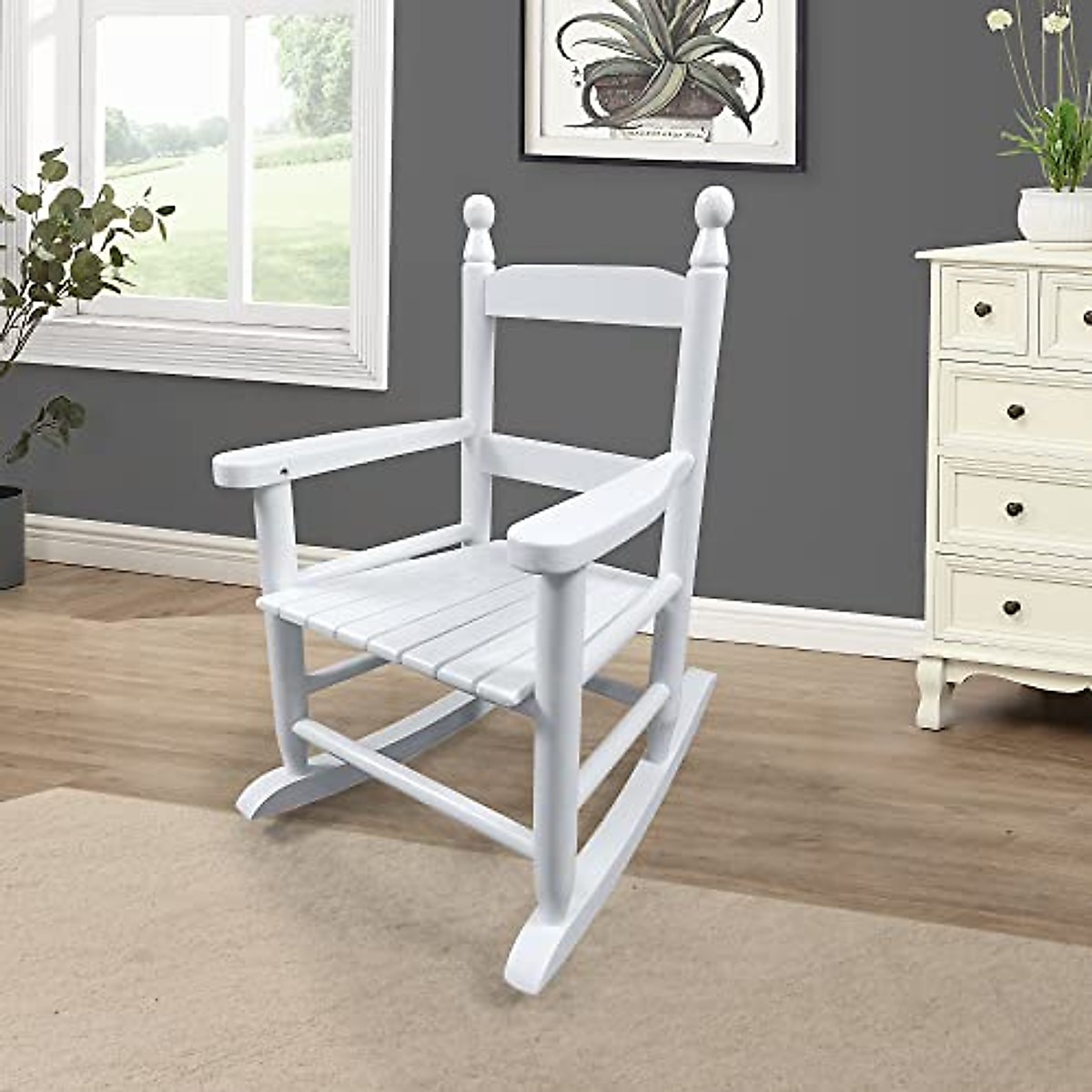 Kids Rocking Chair for Indoor Outdoor Childs Rocker Chair, Durable Wooden Rocking Lounge Chairs for Girl Boy, Features Classic Rocker Design & Hardwood Construction - White