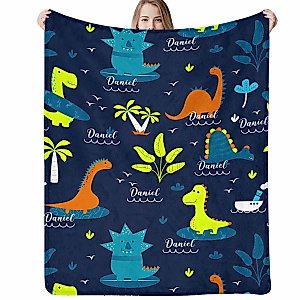 Custom Name Blanket for Baby Boys Personalized Dinosaur Blanket Dark Blue Throw Blanket for Kids Boys Adults 50"x60"Inch
