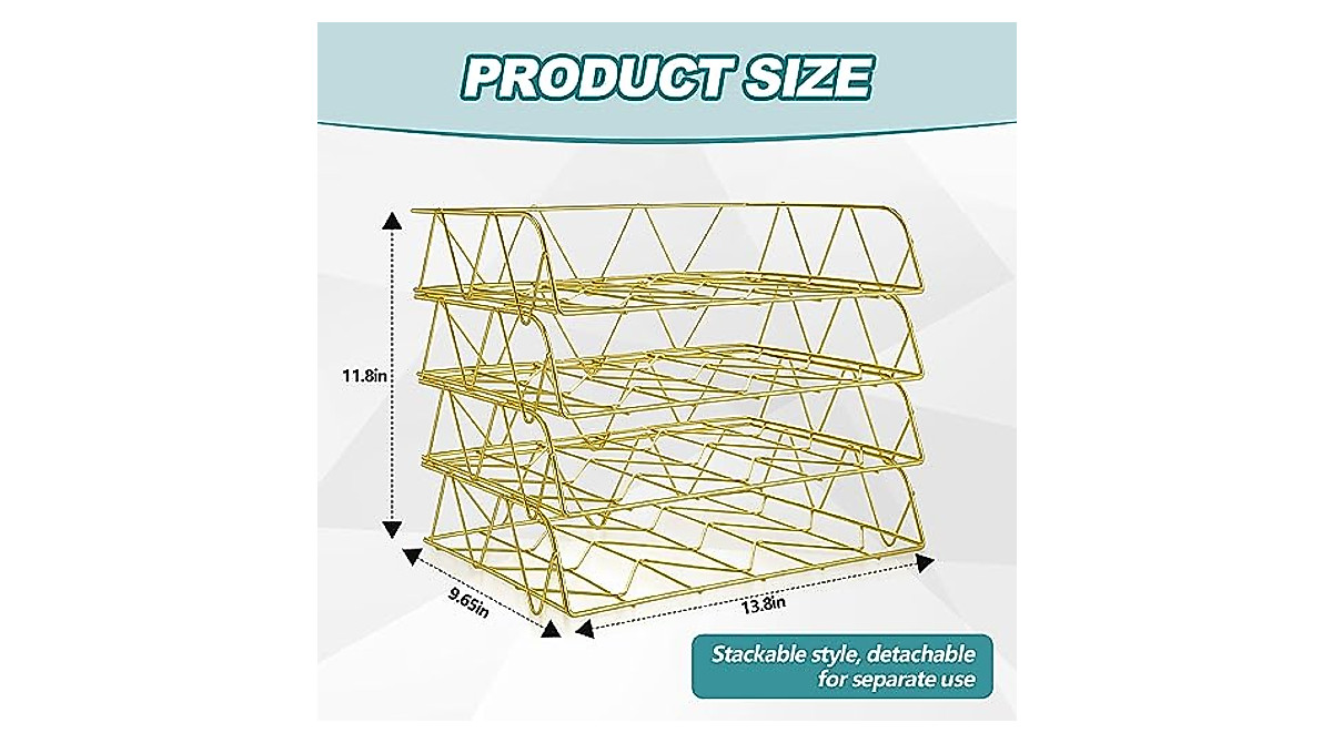 Yeaqee 4 Tier Gold Desk Organizer - Stackable Metal File Trays