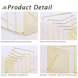 Z PLINRISE Incline File Sorter, Wire Magazine Holder Rack for Mails, Folders and Books, Desk Paper Storage Organizer for Home and Office, 5 Sections, Gold