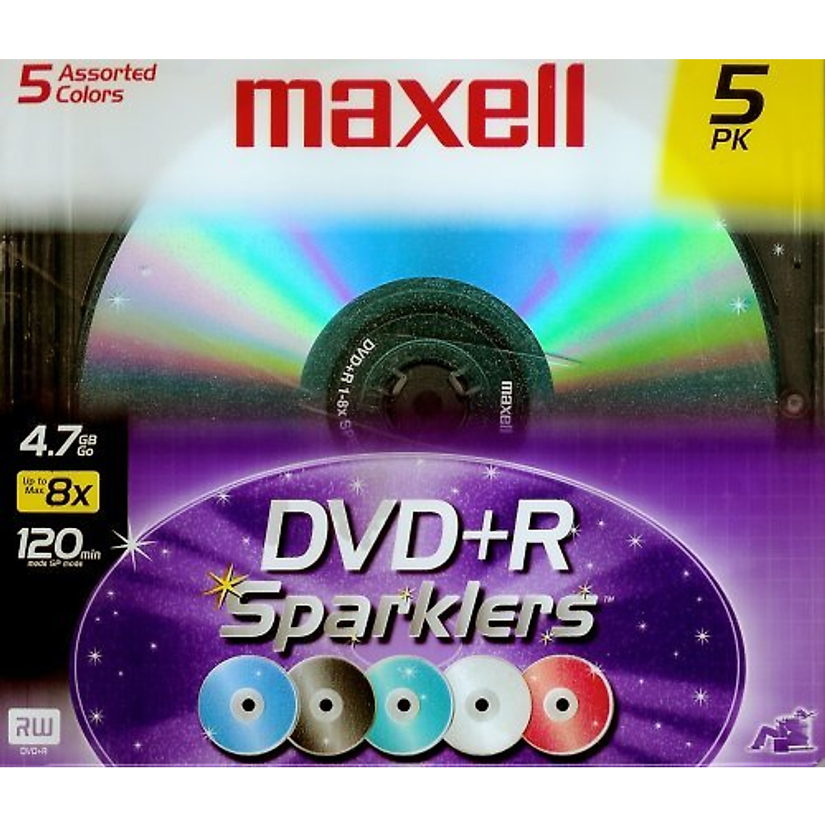 Maxell DVD+R Sparklers 5 Assorted Colors 4.7GB 8X 120min