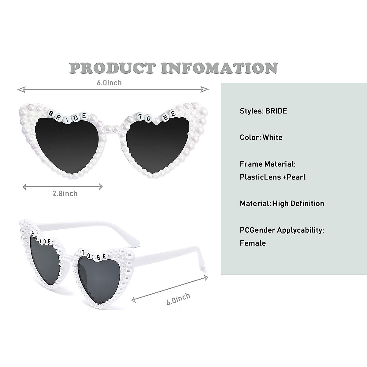 Bachelorette Party Bride Sunglasses, Heart Shaped Pearl Glasses for Women Kids Bridesmaid Bride to Be Party Gift Supplies