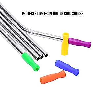 Silicone Tips for Stainless Steel Straws | Set of 8 x 6mm Multi-colored Anti-burn Safety Straw Tips and Anti Rattle Grommets | Food Grade, 8 colors, Fits Steel Straws 0.24" wide