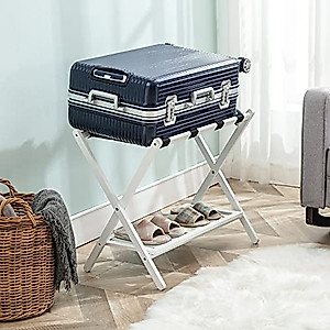 Zoopolyn Luggage Rack with Storage Shelf for Guest Room Folding Suitcase Bamboo Stand Hotel Bedroom White