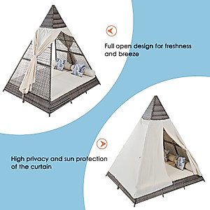 Outdoor Sunbed with Cushions and Colorful Pillows,Tent Shape Wicker Patio Daybed 90.5" Length Lounge Bed for Patio Lawn Garden Backyard Porch Pool（Brown + Beige）