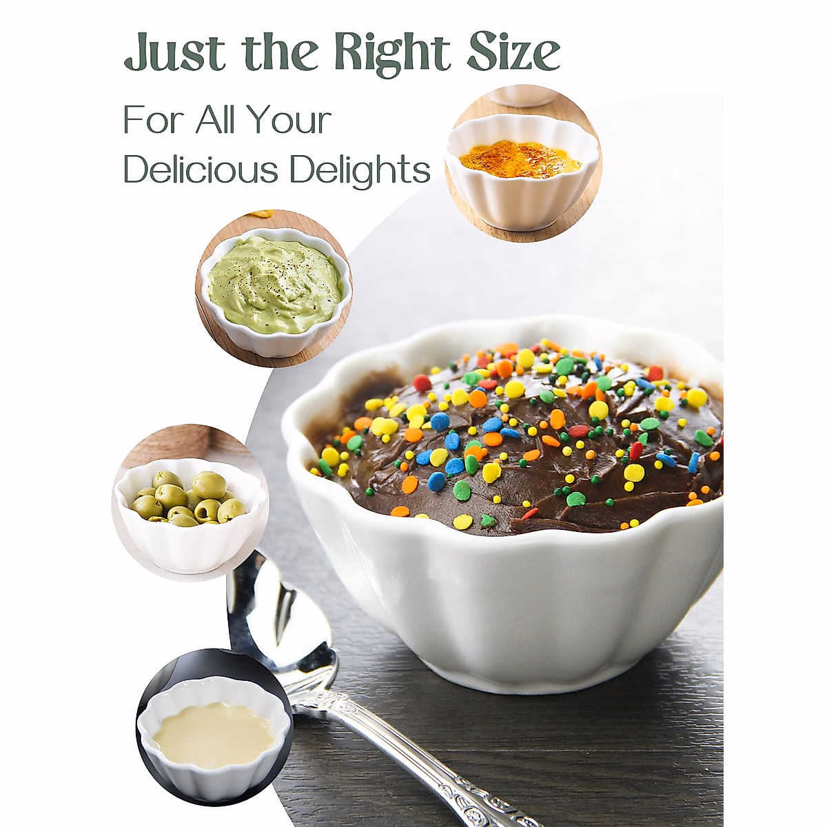 DOWAN Ramekins 4 oz, Creme Brulee Ramekins, Flower-Shaped Porcelain Ramekins Oven Safe for Baking Souffle, Custard Cups, Small Dipping Bowls, Sauces Bowls, Charcuterie Bowls, Set of 6, White