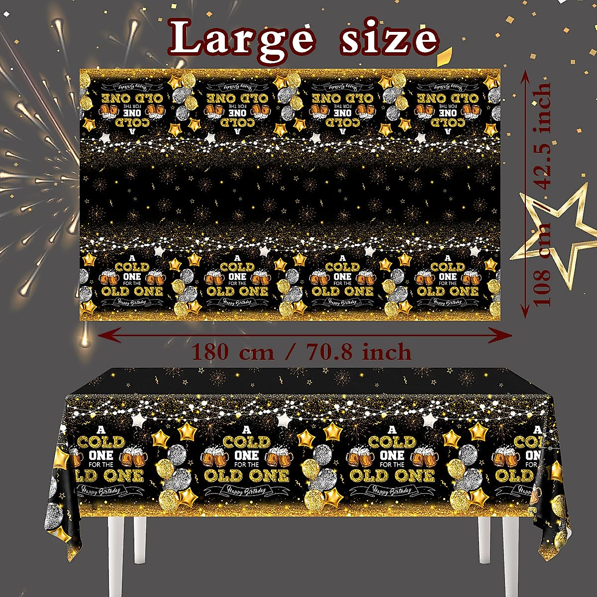 Juweked Beer Party Decorations,Black and Gold Happy Birthday Tablecloth for Men A Cold One for The Old One Plastic Tablecloth for 30th 40th 50th Birthday Cheers and Beers Party Supplies