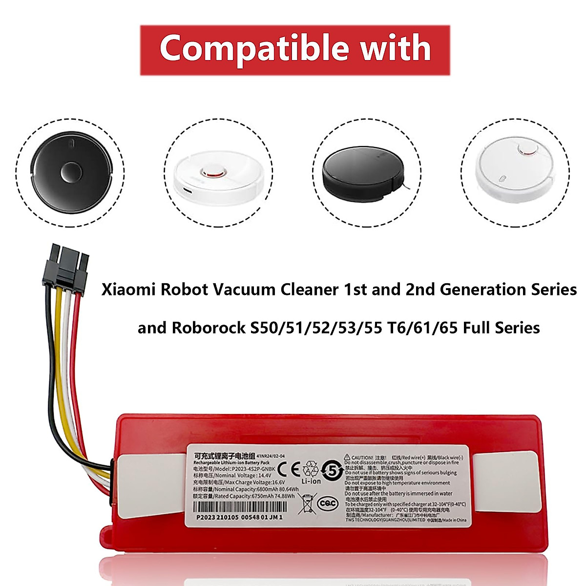 Anepoch 14.4V 6800mAh Replacement Vacuum Cleaner Battery for Xiaomi Vacuum Robotics Roborock S5 S6 S7 S50 S51 S52 S55 T4 T6 T7 T60 T61 T65 E4 E20 E25 E35 C10 CT10 Li-ion Robot Cleaners