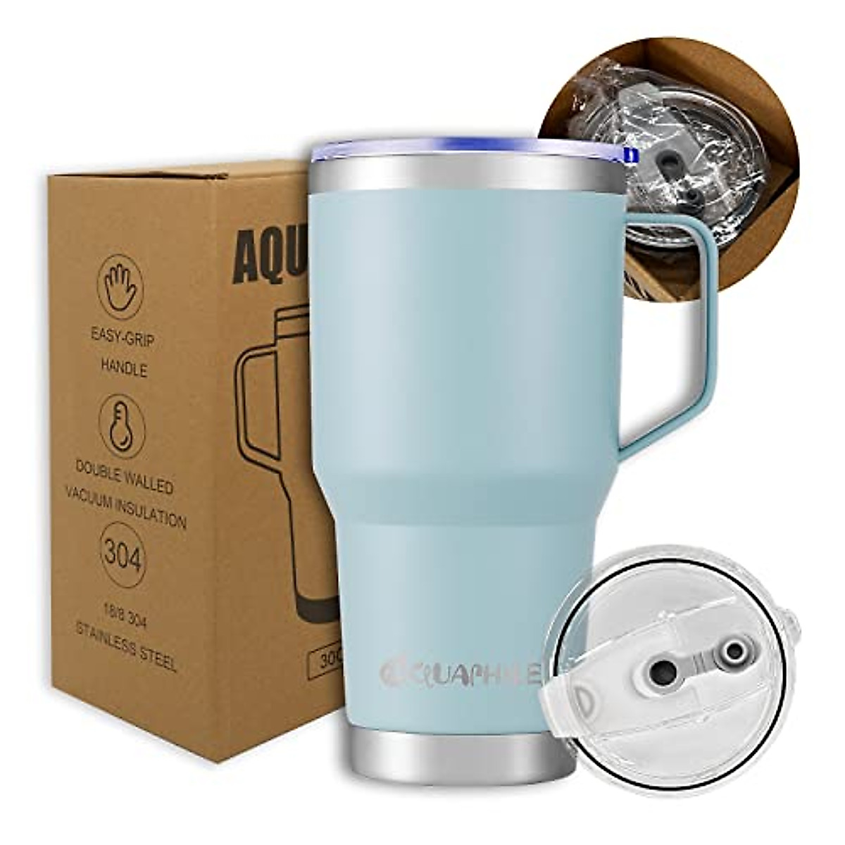 AQUAPHILE 30oz Stainless Steel Insulated Coffee Mug with Handle, Double Walled Vacuum Travel Cup with Lid & Straw, Reusable Thermal Coffee Cup, Portable Coffee Tumbler, for Hot&Cold Drinks(Light Blue)
