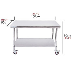 Stainless Steel Workbench with Four Casters for Easy Mobility Double Level Commercial Prep Table Multifunctional Metal Table Practical Open Storage Rack