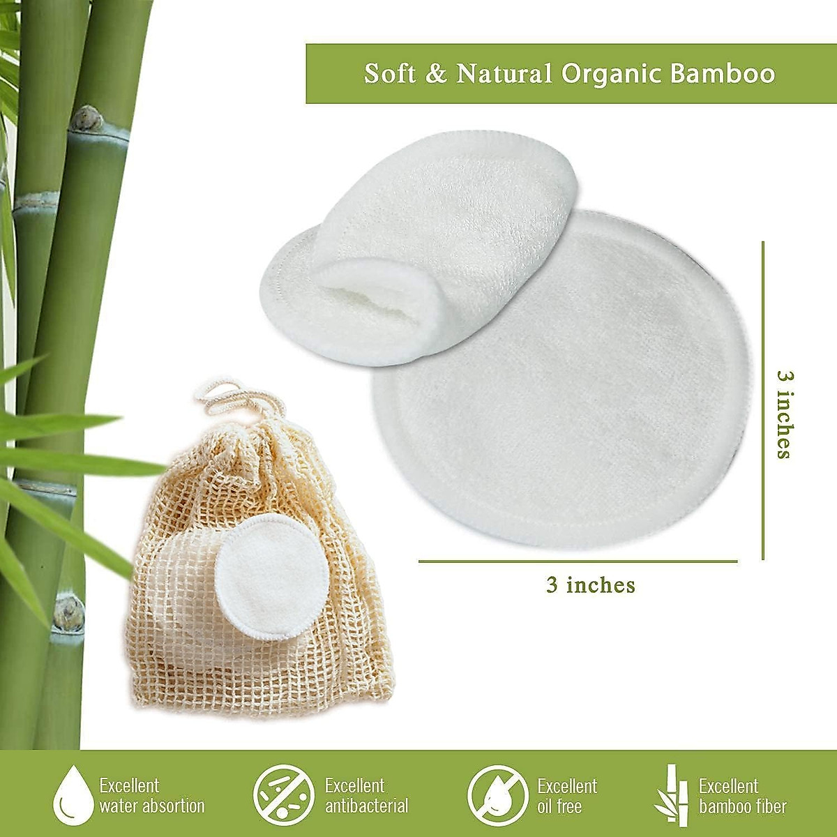 Reusable Cotton Pads Face Pack - Washable Makeup Remover Laundry Bag Skincare Cleaning Bamboo Cloth Rounds Facial Wipes Eye Lip