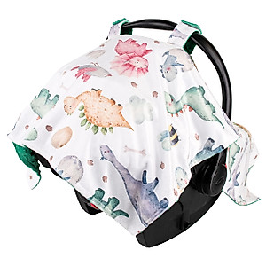 Top Tots Deluxe Minky Baby Car Seat Cover - Baby Dinosaur, 40 x 29 Inch Green