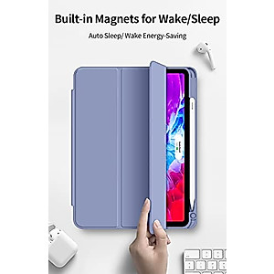 ExuCase for iPad Air 5th Generation 10.9 Inch 2022 / iPad Air 4th Gen 2020 / iPad Pro 11 2022/2021/2020/2018 with Pencil Holder, Trifold Smart Cases Shell + Clear Transparent Back Cover, Gray Purple