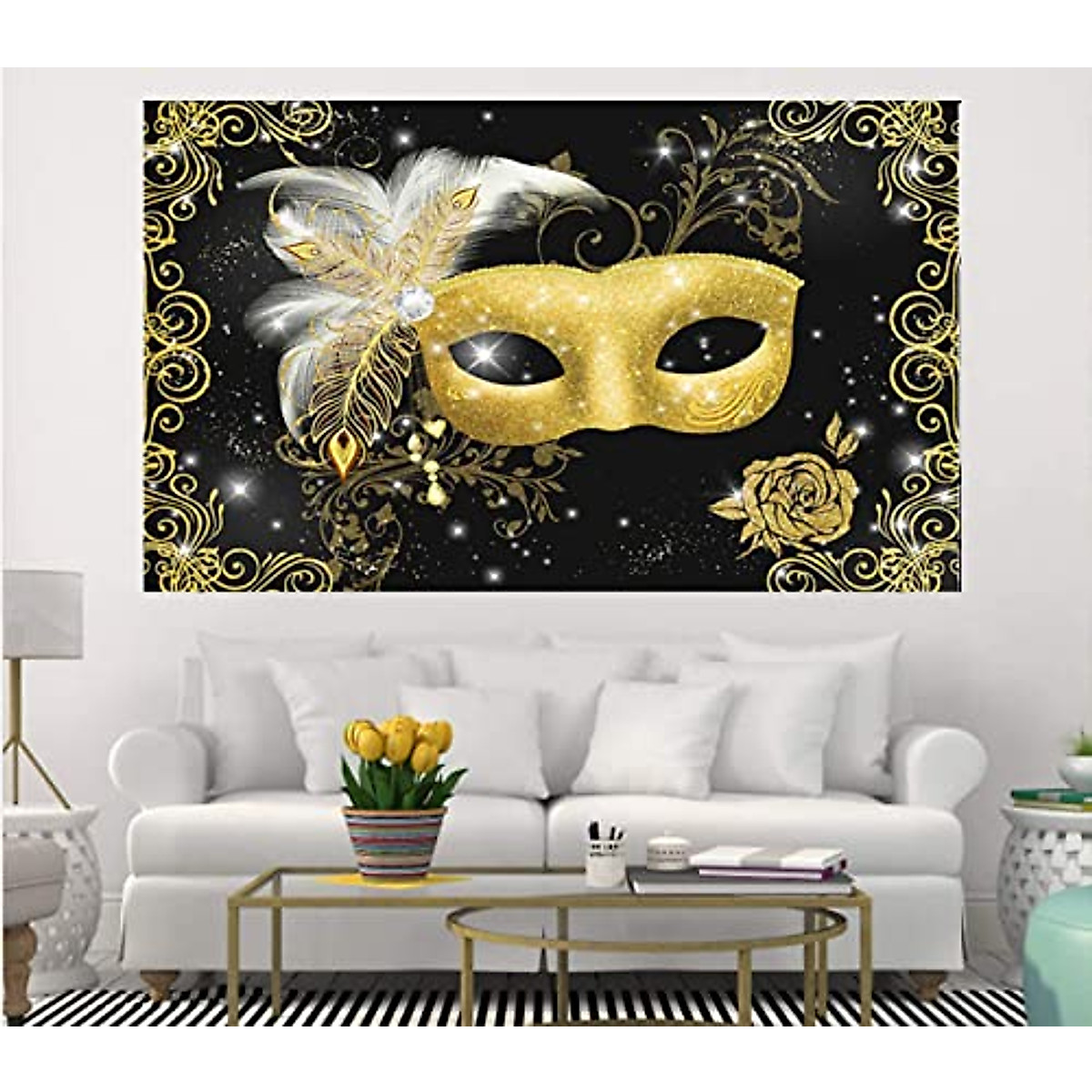 Masquerade Backdrop Curtain Gold Mask Gold Rose Pattern Carnival Birthday Background Decoration Banner Adult Portrait Photography Banner Vinyl (6ft×4ft)