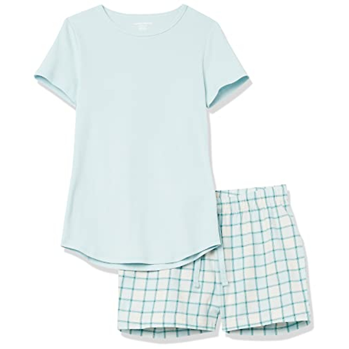 Amazon Essentials Women's Lightweight Flannel Short and Cotton T-Shirt Sleep Set, Light Blue Plaid, Small