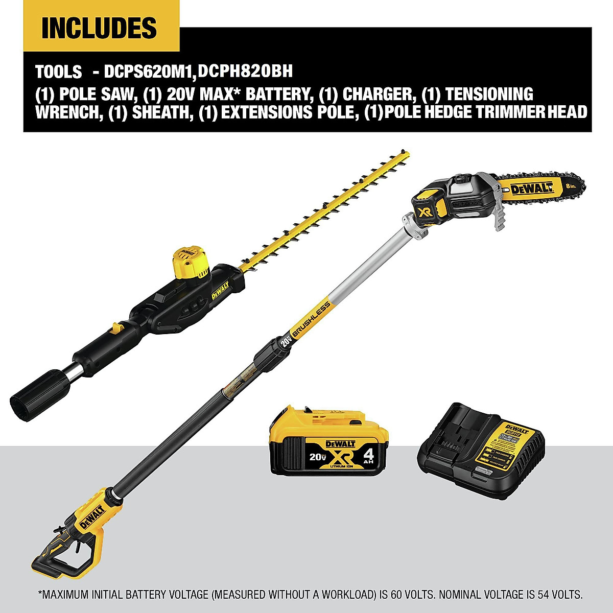 DEWALT 20V MAX* Pole Saw & Hedge Trimmer Attachment, 15-foot Reach, Brushless (DCPS620M1 & DCPH820BH)