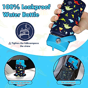 Lehoo Castle Kids Insulated Water Bottle, 14oz Kids Water Bottle Stainless Steel for School, Kids Thermos Water Bottle with Straw＆Handle, Leak Proof Toddler Water Bottle Dinosaur for Boys (Blue)