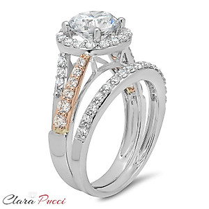 2.32 ct Round Cut Clear Simulated Diamond 14k White Rose Gold Halo Solitaire W/Accents Wedding Bridal Ring Band Set Sz 8.5