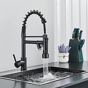 NeierThodore Kitchen Faucet with LED,Stainless Steel Single Handle Single Hole Kitchen Sink Faucet with Pull Down Sprayer,Spring Matte Black Kitchen Faucets