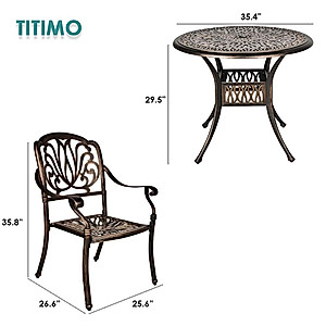 TITIMO 3 Piece Outdoor Bistro Round Table Set Cast Aluminum Table and Chairs Patio Furniture Antique Bronze