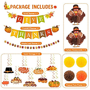 Thanksgiving Decorations Indoor, Thanksgiving Party Decorations Set Includes 3 Pre-strung Banners, 18 Hanging Swirls, 2 Turkey Honeycombs, 4 Tissue Pom Poms for Office, Classroom, Home Decor