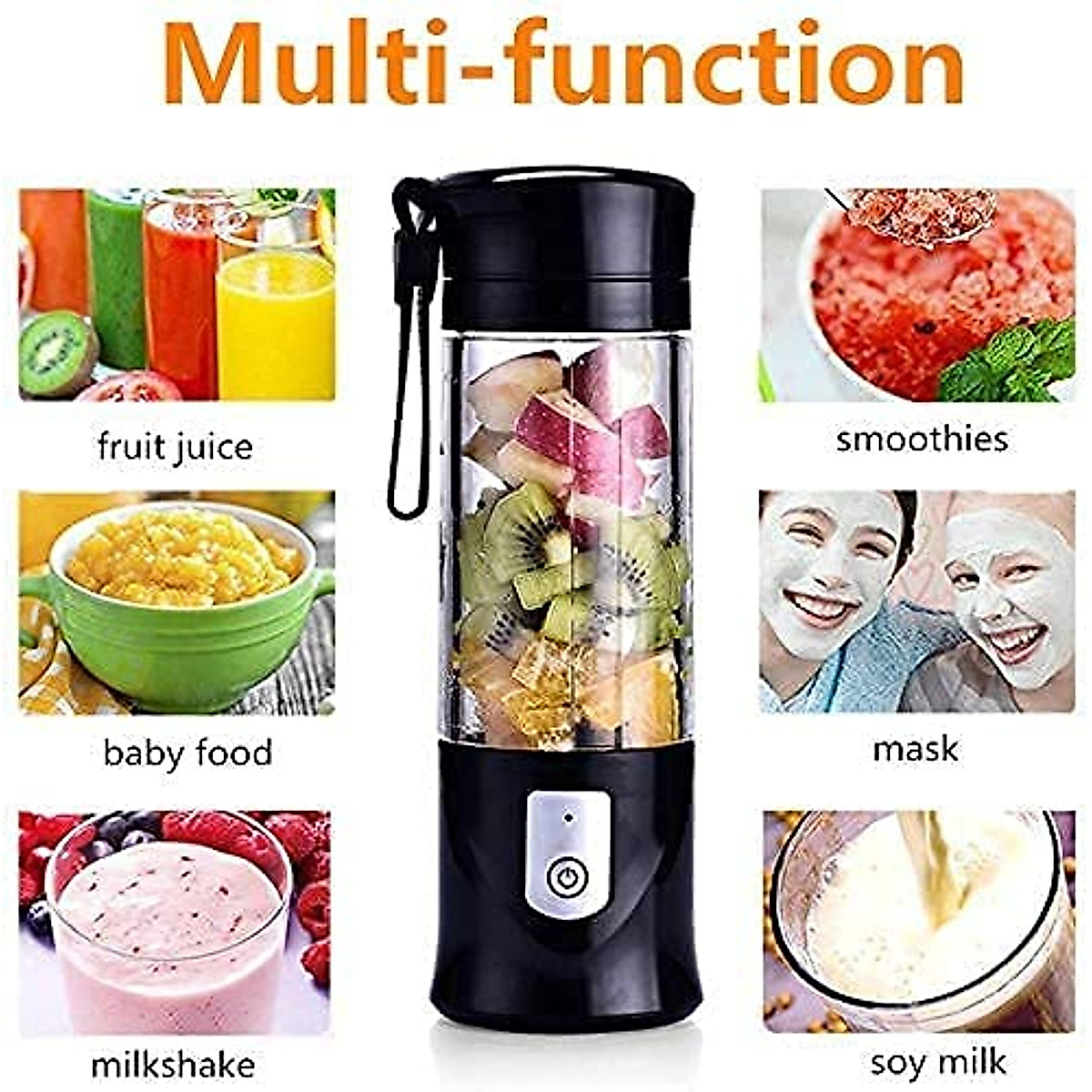 Portable Blender, Mini USB Blender for Shakes and Smoothies, 13.5 Oz Juicer Cup Rechargeable Type-C Personal Blender with Ultra Sharp Six Blades, Multifunctional and BPA Free Blender Bottle–Ideal for Traveling, Gym, Office-Black