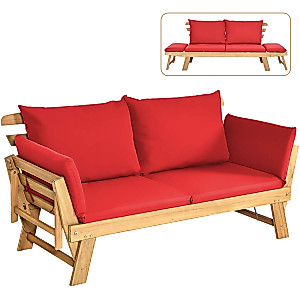 Tangkula Acacia Wood Patio Convertible Couch Sofa Bed with Adjustable Armrest, Outdoor Daybed with Cushion & Pillow, Folding Chaise Lounge Bench Ideal for Porch Courtyard Poolside (Red)