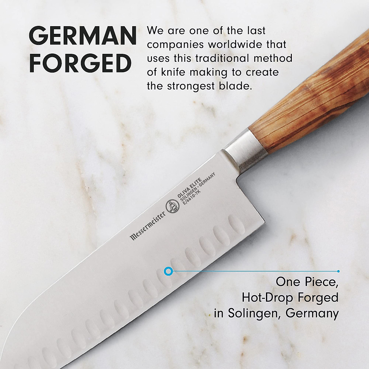 Messermeister Oliva Elite 7” Kullenschliff Santoku Knife - Japanese Chef’s Knife - German Steel Alloy Blade & Mediterranean Wood Handle - Rust Resistant & Easy to Maintain