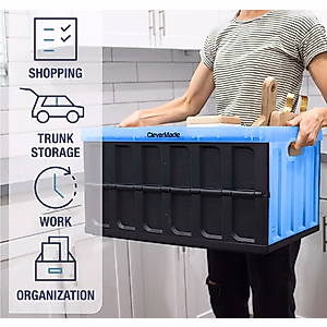 CleverMade 62L Collapsible Storage Bin, No Lid, Black/Translucent Blue.