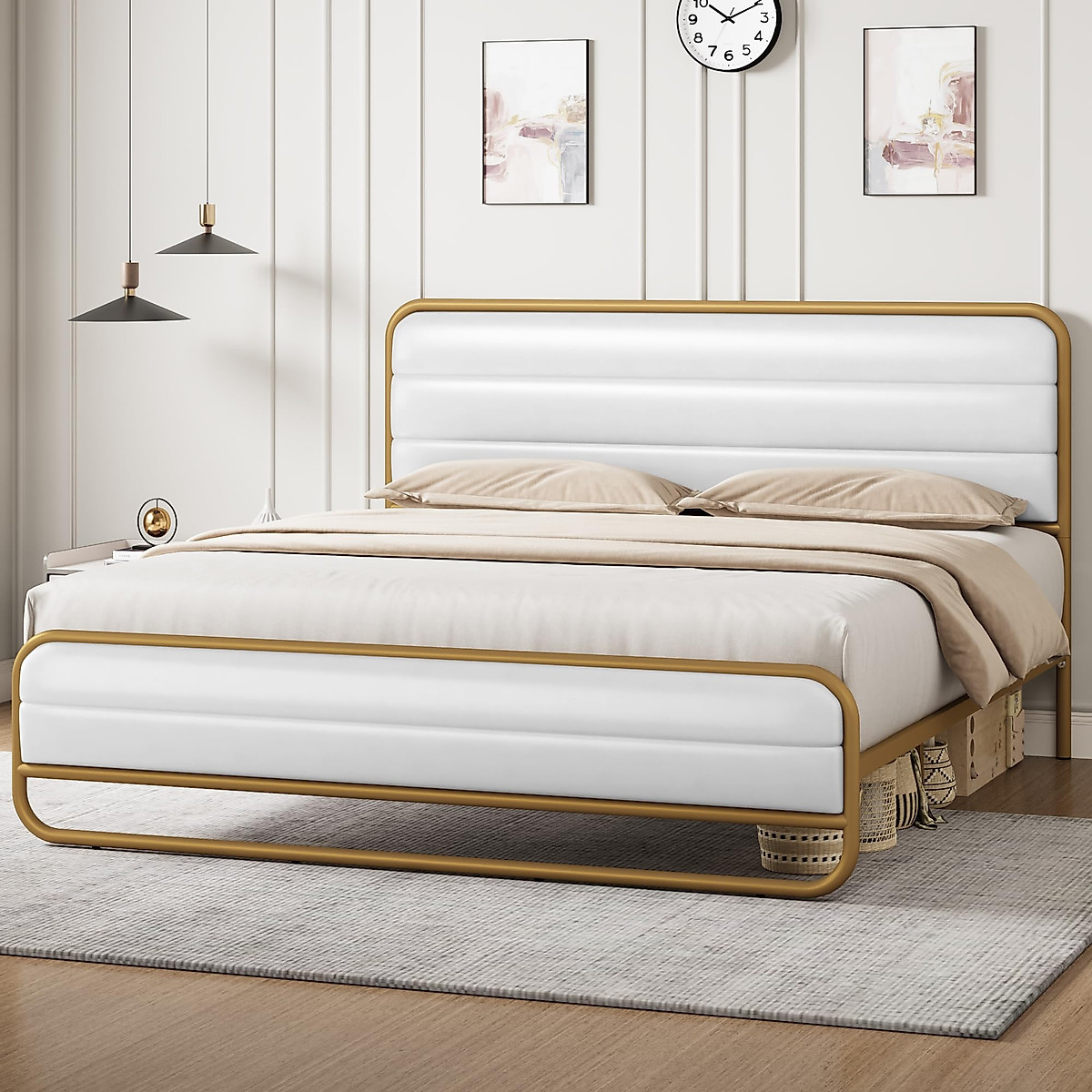 BOTLOG King Bed Frame with Headboard, PU Leather Upholstered Bed Frame with Wood Slats Support, No Box Spring Needed, Easy Assembly