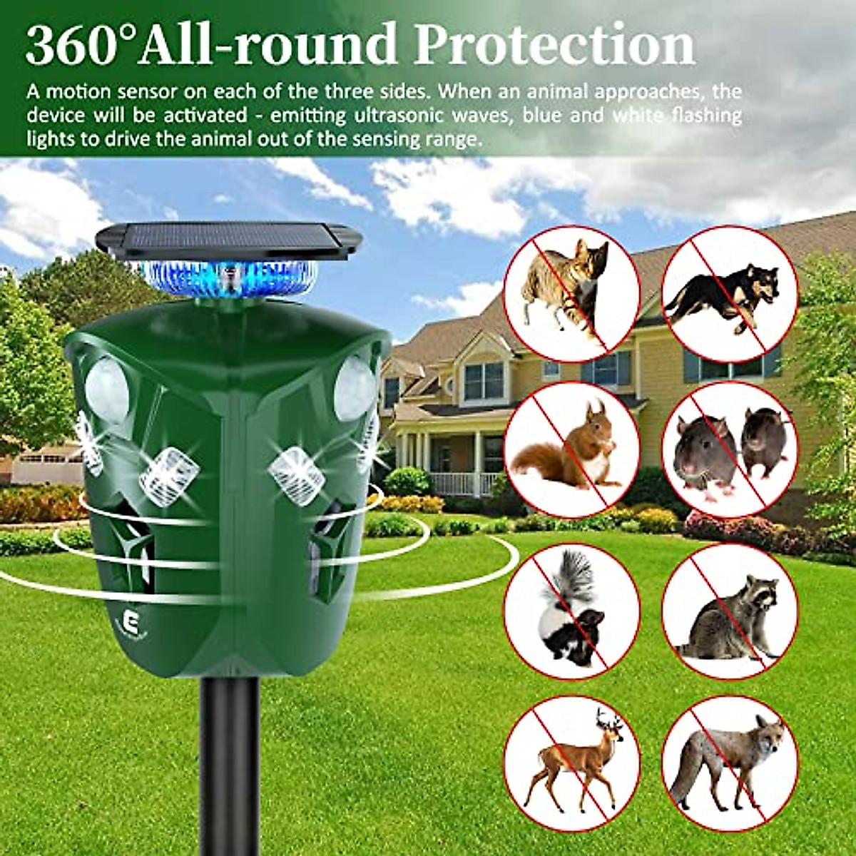 Redeo 360° Solar Animal Repeller with Motion Sensor Cat Repellent Outdoor Ultrasonic Deer Repellent Devices Waterproof Dog Deterrent for Yard, Repel Raccoon Skunk Out of Garden - USB Rechargeable
