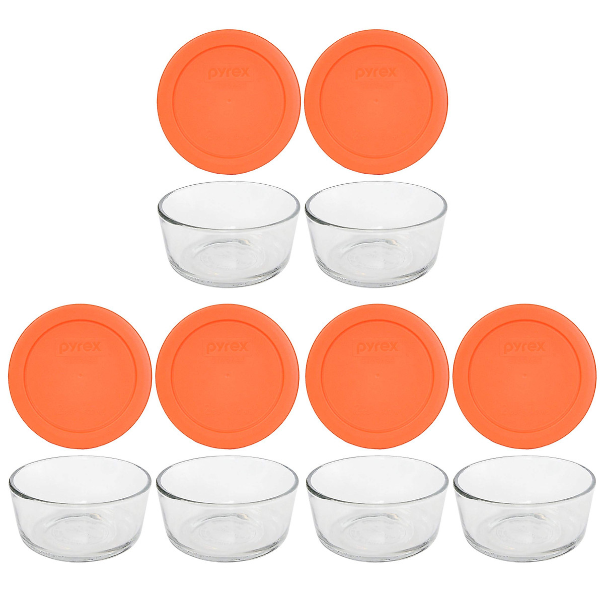 Pyrex (6) 7200 2 Cup Glass Dishes & (6) Pyrex 7200-PC 2 Cup Orange Lids