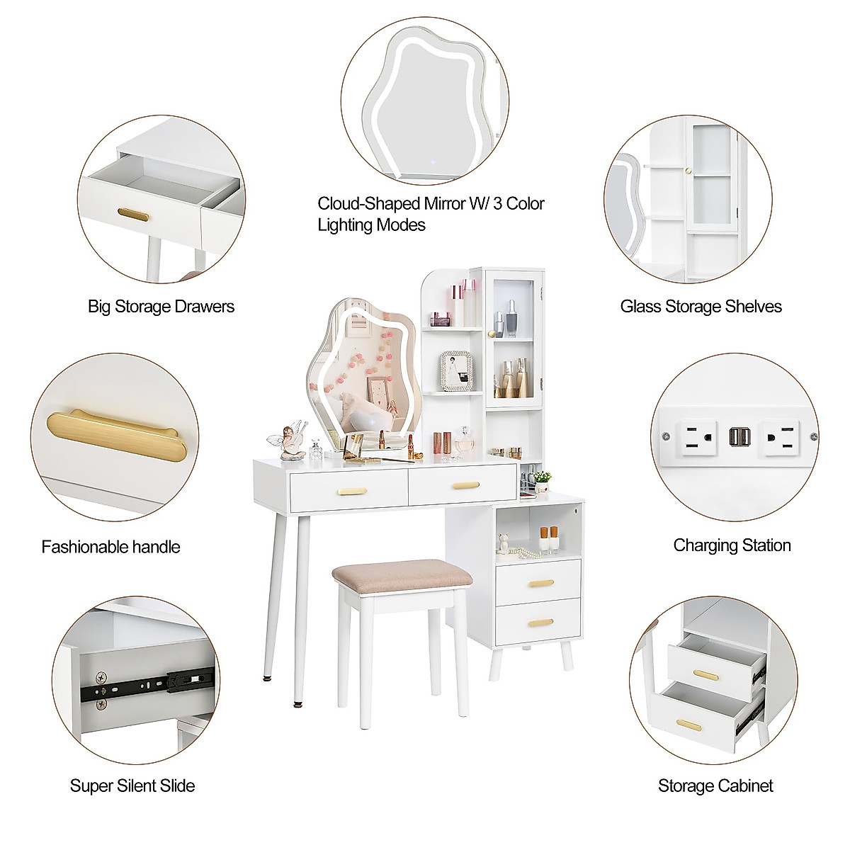 ANWBROAD White Vanity with Lighted Mirror Vanity Desk with Mirror and Lights Girls Vanity with Power Outlet Stool Drawers Shelves Charging Station 3 LED Lighting Modes Bedroom Makeup Table UBDT55W