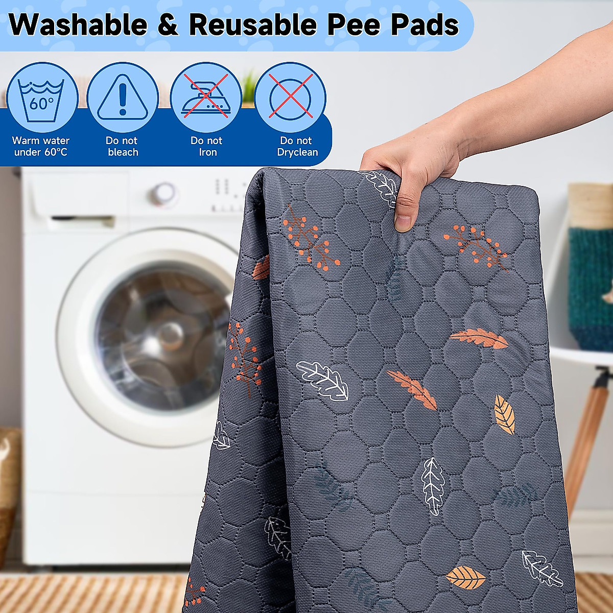 Sunheir 2 Pack Washable Guinea Pig Pee Pads, 24" x 48" Waterproof Reusable Guinea Pig Cage Liners, Absorbent Bedding Training Mat for Small Animal Guinea Pigs Rabbit Bunny Hamster (Leaves - Deep Grey)