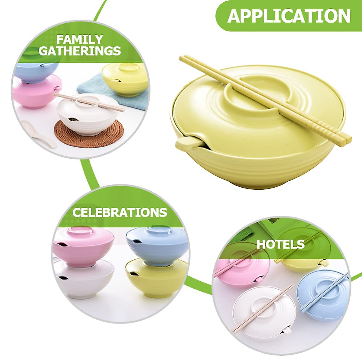 Hemoton Japanese Ramen Bowl Kitchen Serving Bowl Noodle Soup Bowl Miso Rice Bowls with Lid Spoon and Chopsticks for Pasta Cereal Fruit Mixing Bowl Green