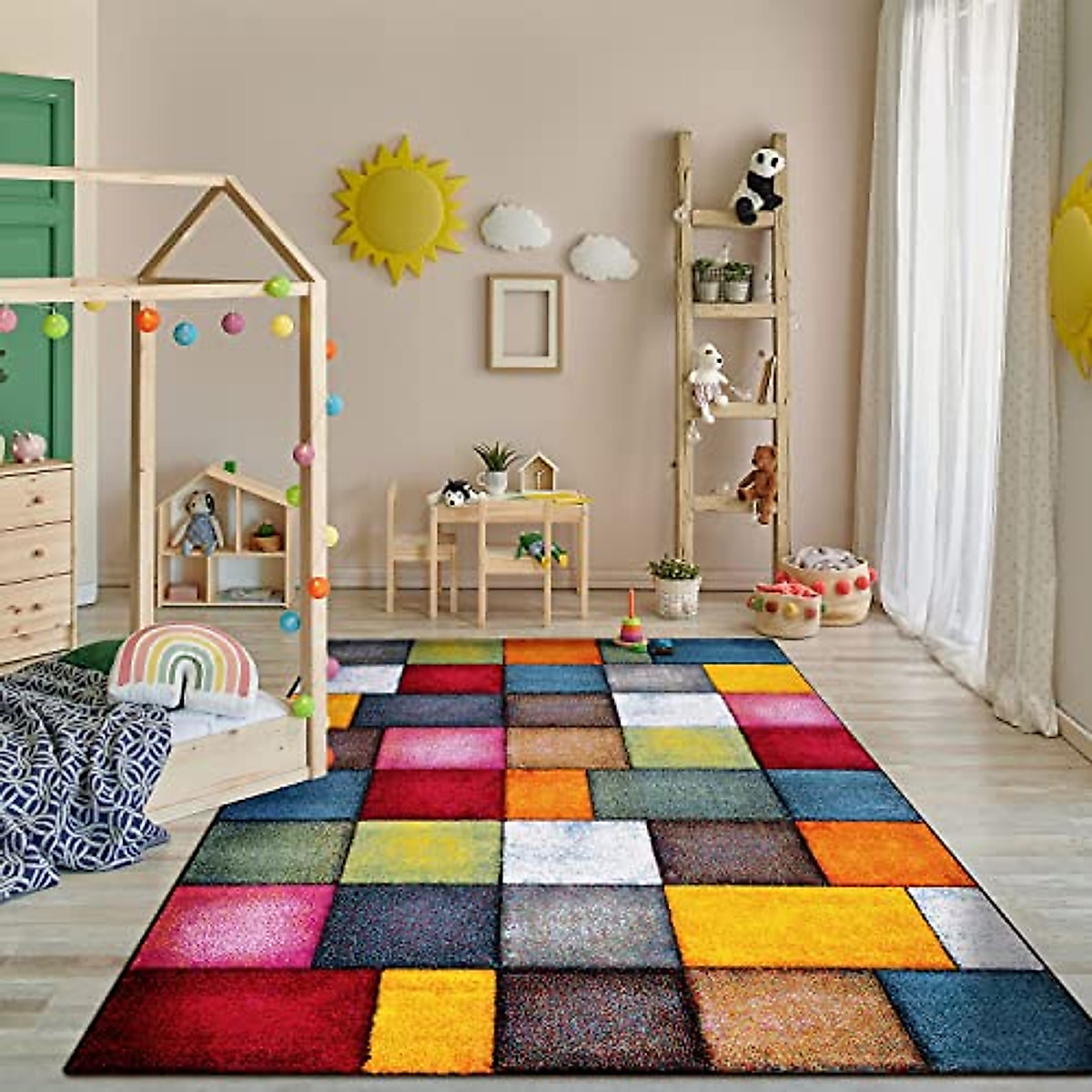 Colorful Living Room Rug Check Design with Squares Multicolor, Size: 6'7" x 9'6"