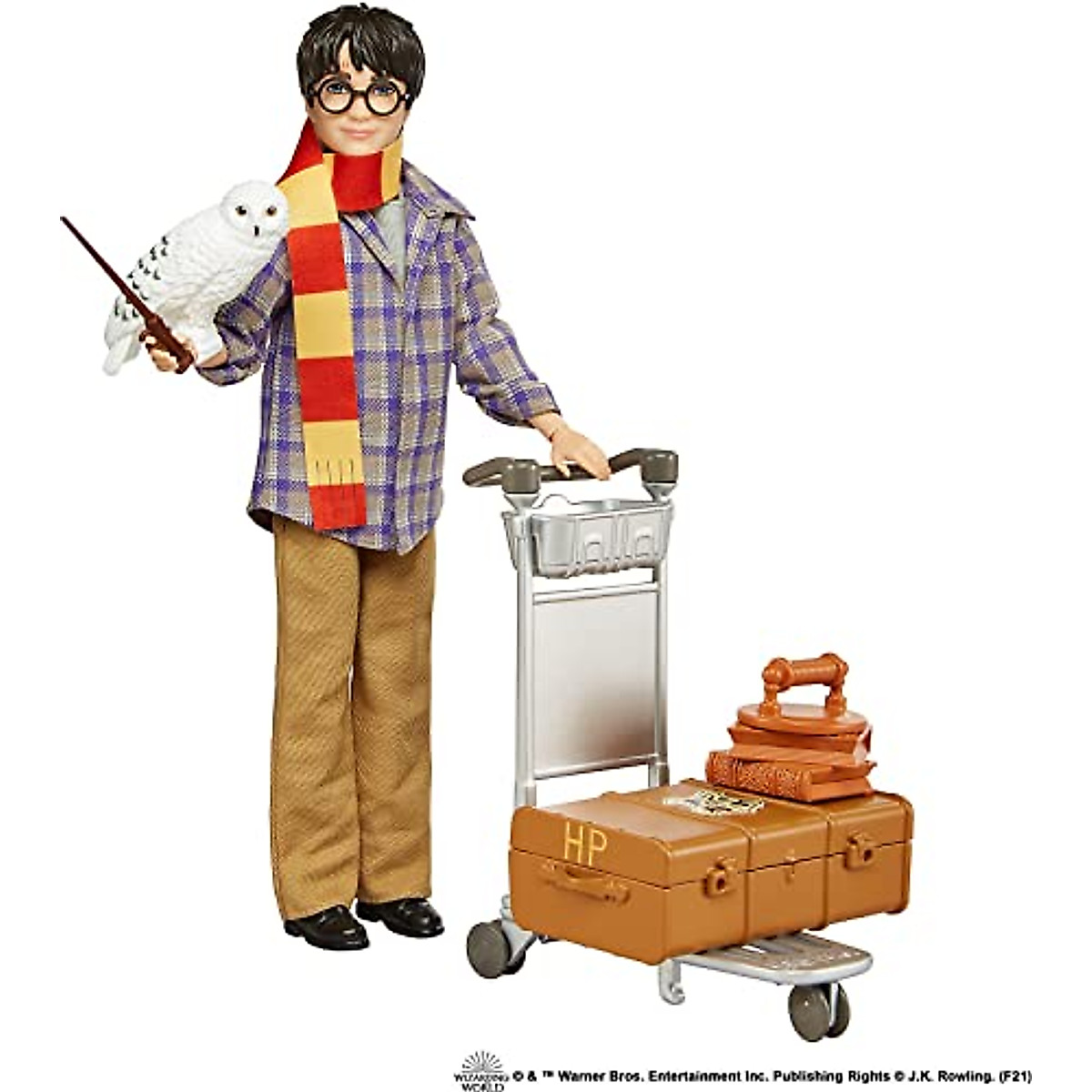 Mattel Harry Potter Collectible Platform 9 3/4 Doll (10-inch), Posable, Wearing Travel Fashion, with Hedwig, Luggage & Accessories, Gift for Collectors and Kids 6 Years Old and Up