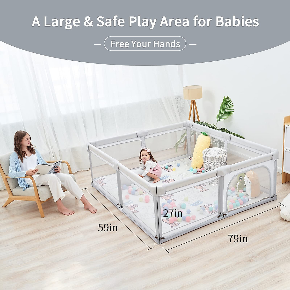 Baby Playpen Foldable 79x59 Playpen for Babies and Toddlers, Adjustable Play Pen for Toddlers 1-3 Baby Fence Baby Play Yards for Indoor & Outdoor Baby Gate Playpen with Packing Bag, Light Grey