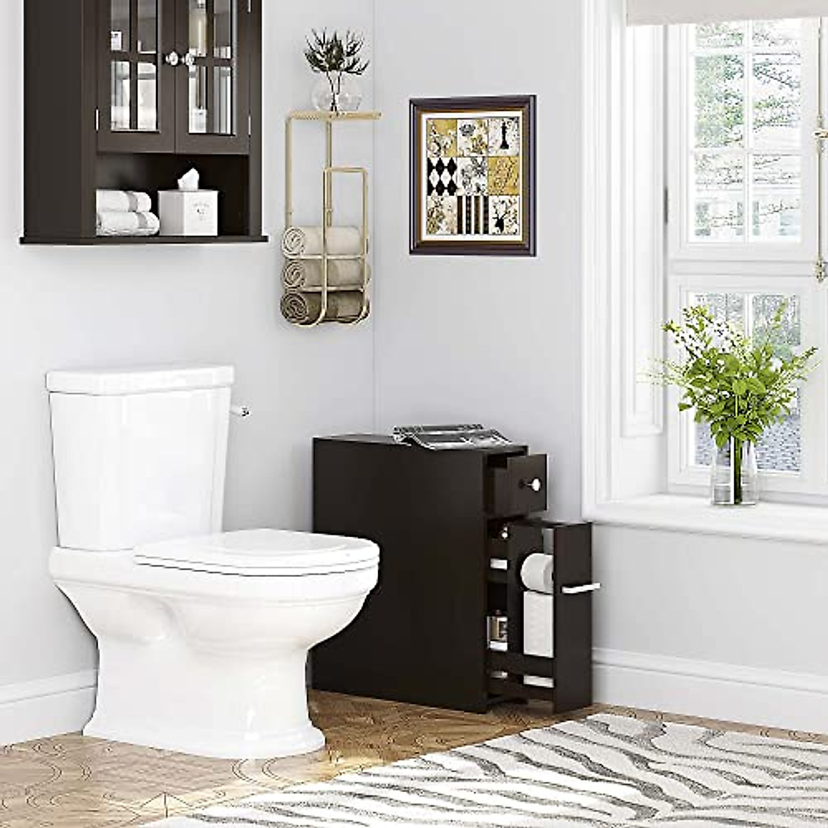 Spirich Home Slim Bathroom Storage Cabinet, Free Standing Toilet Paper Holder, Bathroom Cabinet Slide Out Drawer, Espresso