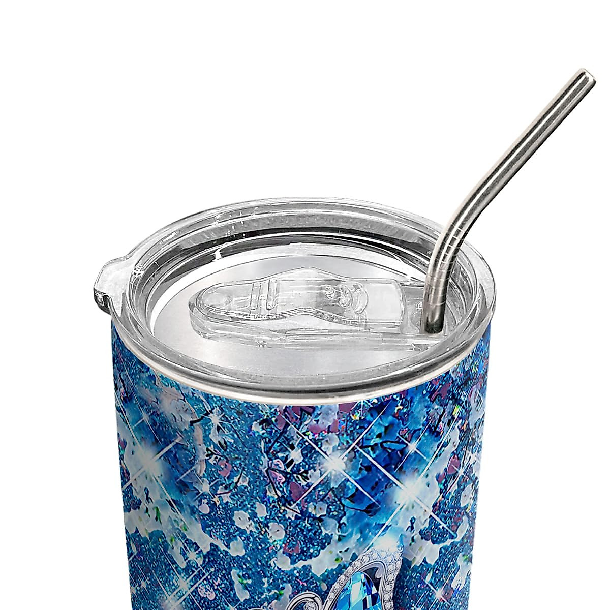 20oz Printed Blue Jewelry Crystal Butterfly Tumbler, Gifts for Butterfly Lovers, Coffee Thermos for Women, Stainless Steel Double Wall Vacuum Insulated Coffee Mug, Travel Cup with Lid