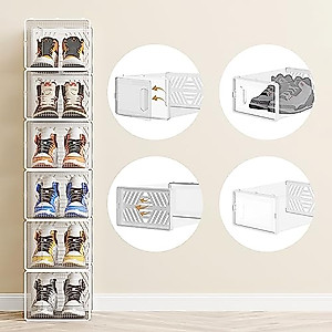 JOISCOPE 12 Pack Shoe Storage Boxes, Fit up to US Size 10, Clear PP Plastic Stackable Shoe Organizer for Closet, Space Saving Foldable Shoe Container Bins, for Entryway, White