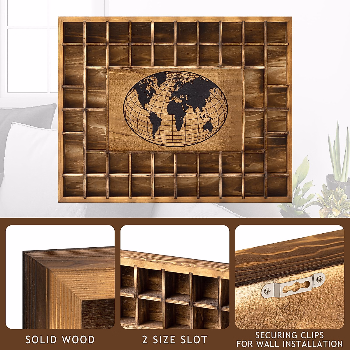 GlikCeil Large World Map 48 Slots Shot Glass Display Case 28 x 23'' Rustic Wood Shot Glass Holder for Different Size Shot Glass Shelf Organizer Wall Mount Shot Glass Storage Shadow Bar Cabinet (Brown)