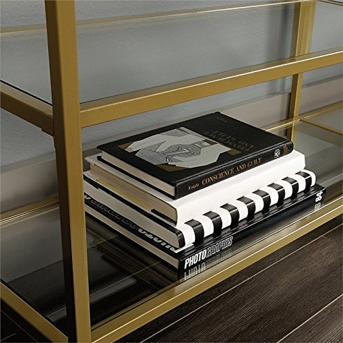 Home Square 2 Piece Living Room Set with 5 Shelf Metal Frame Bookcase and 3 Shelf Console Table in Satin Gold