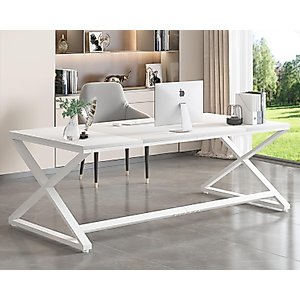 LVB 70.8" Long Desk, Modern Large White Computer Desk for Home Office Work, Wood Metal Computer Table for Writing Study in Bedroom, Simple Gaming Desk for 2 Monitor Workstation, White Oak, 70 in
