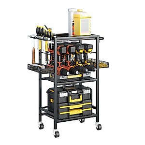 Power Tool Organizer Cart with Wheels, Garage Tool Shelf Drill Holders Garage Storage Organization Shelves with Screwdriver Heavy Duty Rack for Workshop Tool Room and Outdoors Working
