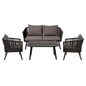 Flash Furniture Kierra 4 Piece Indoor/Outdoor Seating Set - Black Woven Back & Seat - Gray Zippered Removable Cushions - Aluminum Frames - Black Metal Plank Top Table