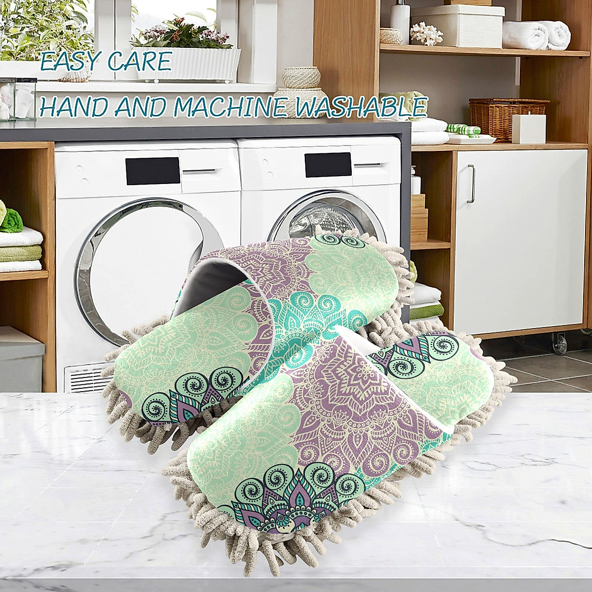 Kigai Microfiber Cleaning Slippers Green Mandala Washable Mop Shoes Slipper for Men/Women House Floor Dust Cleaner, Size M