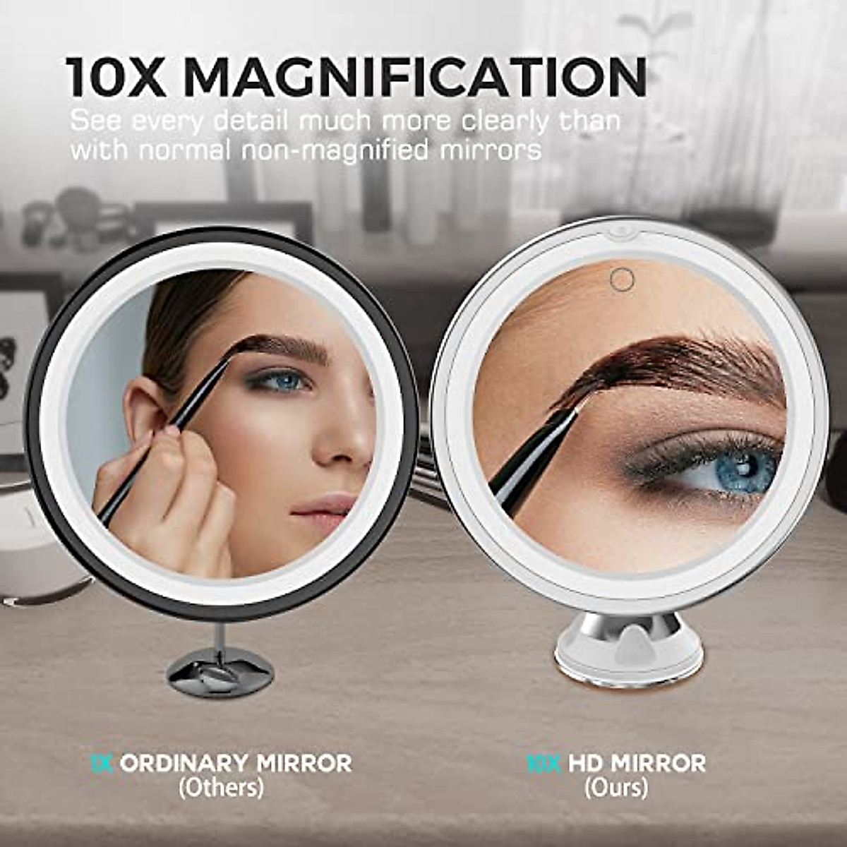 GOZVRPU 10x Magnifying Lighted Makeup Mirror with Touch Control, Powerful Locking Suction Cup, and 360 Degree Rotating Arm, Magnifying Mirror with Lights for Home, Bathroom Vanity and Travel(White)