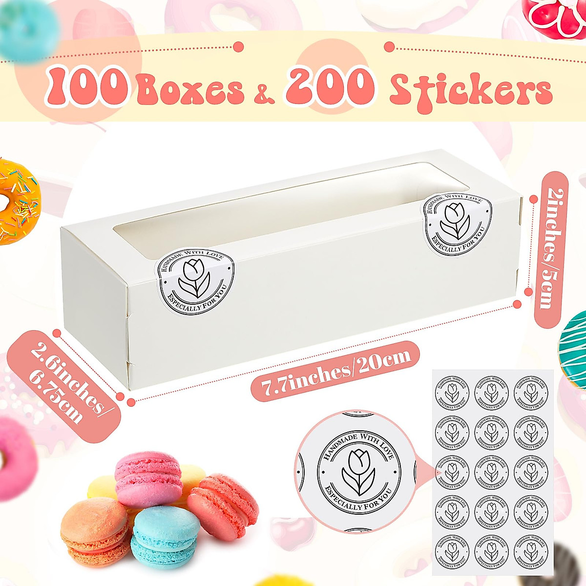 Sherr 100 Pcs Macaron Boxes with Window Macaron Gift Box for 6 Macaron with 200 Pcs Stickers Long Baking Boxes Rectangle Treat Boxes for Dessert Pastry Packaging for Home DIY Baking Gift(White)